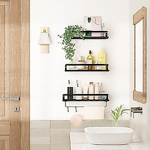 upsimples Floating Shelves, Bathroom Shelves Set of 3, Wood Wall Shelves with Removable Towel Bar, Wall Decor for Bathroom, Bedroom, Living Room, Kitchen, Black