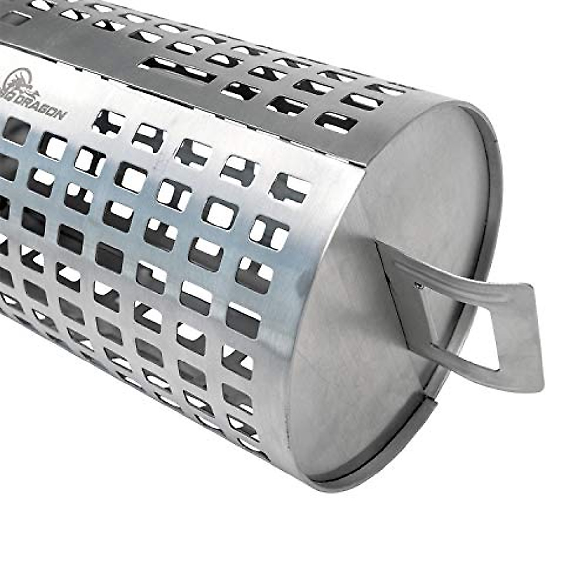 BBQ Dragon | Rolling Grill Basket | Food Grade Stainless Steel Grilling Basket | 13.5”x5.6” Cylinder | Vegetables, Shrimp, Fish, Chicken Wings | Snap Close Lid | Dishwasher Safe | Grilling Accessory