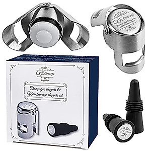 Champagne Stoppers for Sparkling Bottle Sealing - Saver Accessories Toppers for Wine Napa Moet Bottega - Cone-shaped wine stoppers and Dual-sided Stainless Steel Cover Bottles Set (Silver Gray, 2 & 2)