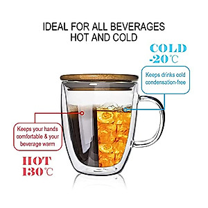 ZHMTang Glass Coffee Mug Double-walled Borosilicate Glass Cup for Hot or Iced Coffee, Milk, Tea (16 Oz Bamboo Lid)