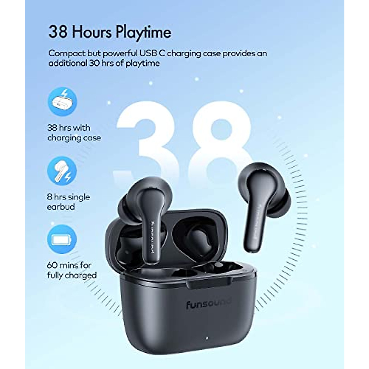 FUNSOUND Wireless Earbuds, Bluetooth Earbuds Noise Cancelling with 4 ENC Microphones, 60 Hrs Playtime, IPX7 Waterproof Bluetooth 5.3 in-Ear Stereo Headphones for iPhone | Android, Black