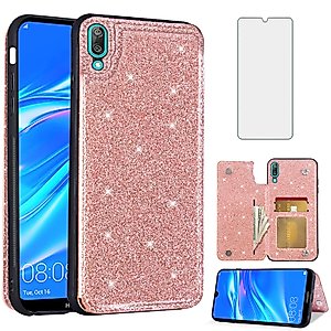 Asuwish Phone Case for Huawei Y7 2019/Y7 Prime 2019/7Y Pro Wallet Cover with Screen Protector and Card Holder Stand Bling Glitter Leather Cell Accessories Hawaii Enjoy 9 Dub-LX3 Women Girls Rose Gold