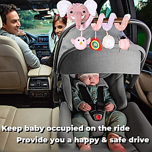 Car Seat Toys for Babies 0-6 Months, Infant Spiral Activity Toys Baby Gril Car Seat Toys 6-12 Months Hanging Stroller Toys for Baby Girls 0-6 Months with Musical Owl Rattle Sheep - Pink Elephant