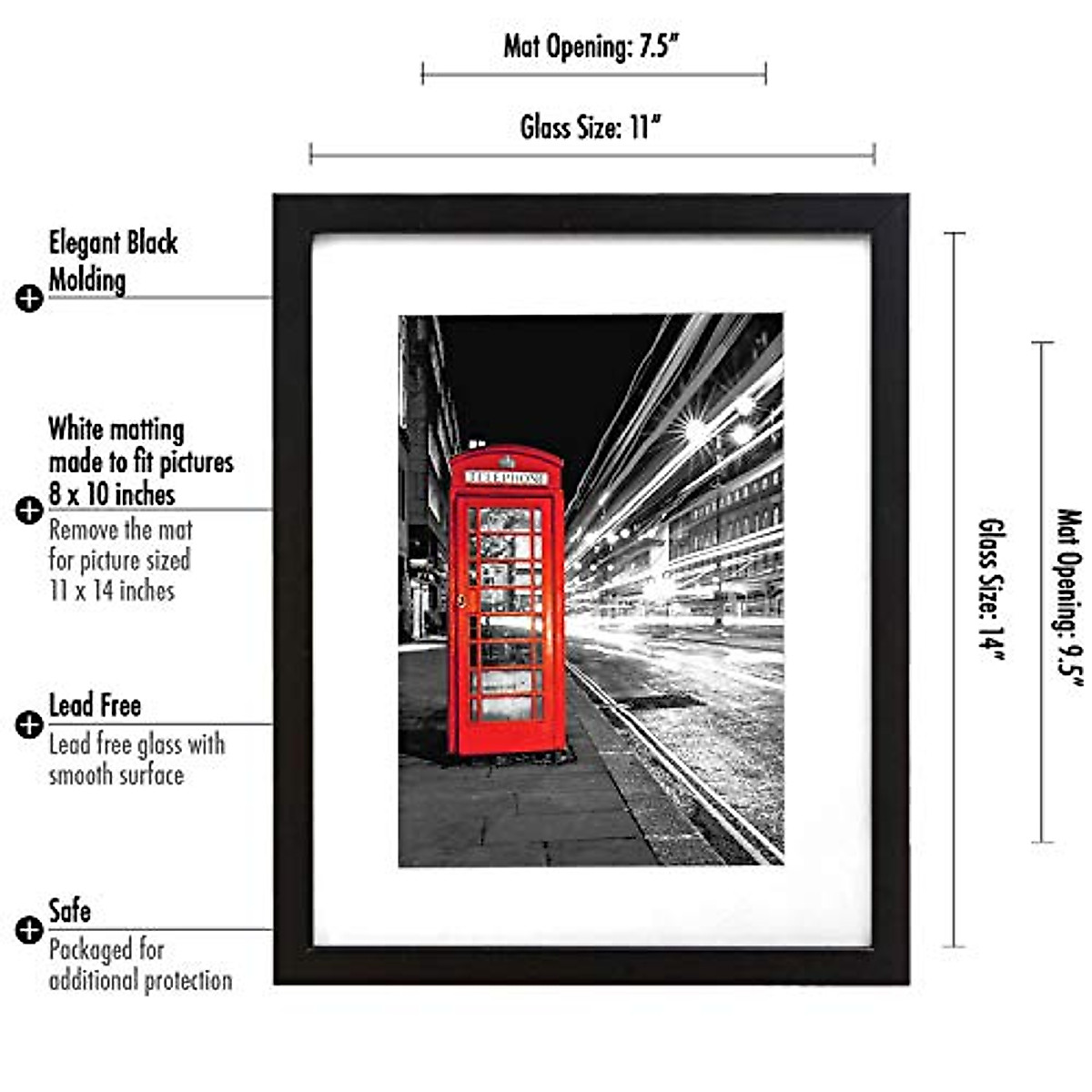 Americanflat 11x14 Black Picture Frame - Displays 8x10 With Mat or 11x14 Without Mat - Composite Wood with Shatter Resistant Glass - Horizontal and Vertical Formats for Wall