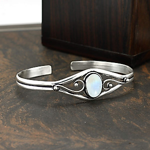 5.60 Cts Moonstone Bangle For Women Silver Overlay Handmade Vintage Boho Style Jewelry Mother's Day Gifts For Mom Wife