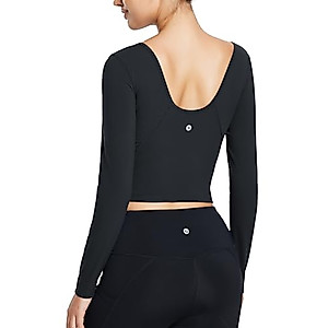 BALEAF Nuleaf Scoop Neck Long Sleeve Crop Top for Women Slim Fit Workout Shirts Tight Base Layer Athletic Gym Casual Black M
