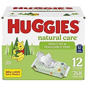 Baby Wipes, Huggies Natural Care Sensitive Baby Diaper Wipes, Unscented, Hypoallergenic, 12 Flip-Top Packs (768 Wipes Total)