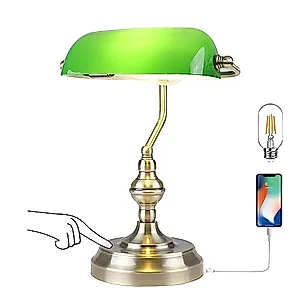 Liylan Green Glass Bankers Desk Lamp,Vintage Desk Lamp Touch Control, 3 Way Dimmable Table Lamp with USB Charging Port, Mid Century Banker's Desk Lamp for Home Office Library Antique Brass