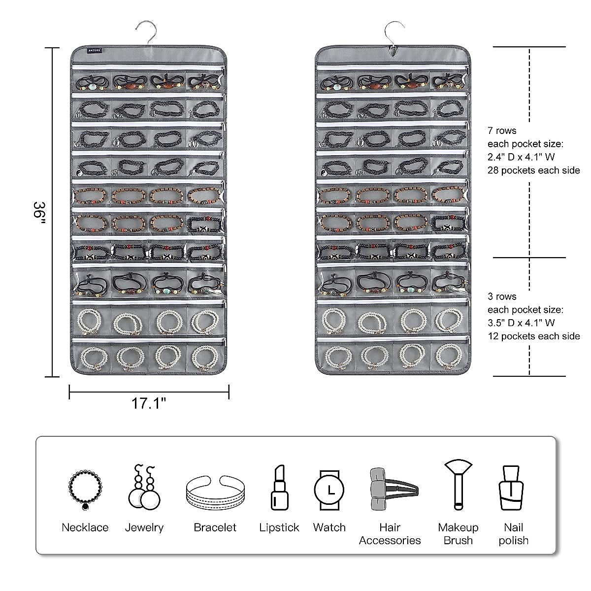 ANZORG 80 Zippered Pockets Hanging Jewelry Organizer for Holding Jewelries Dual-Sided Accessory Display Holder for Earrings Bracelets Rings (80 Zippered Pockets-Grey)