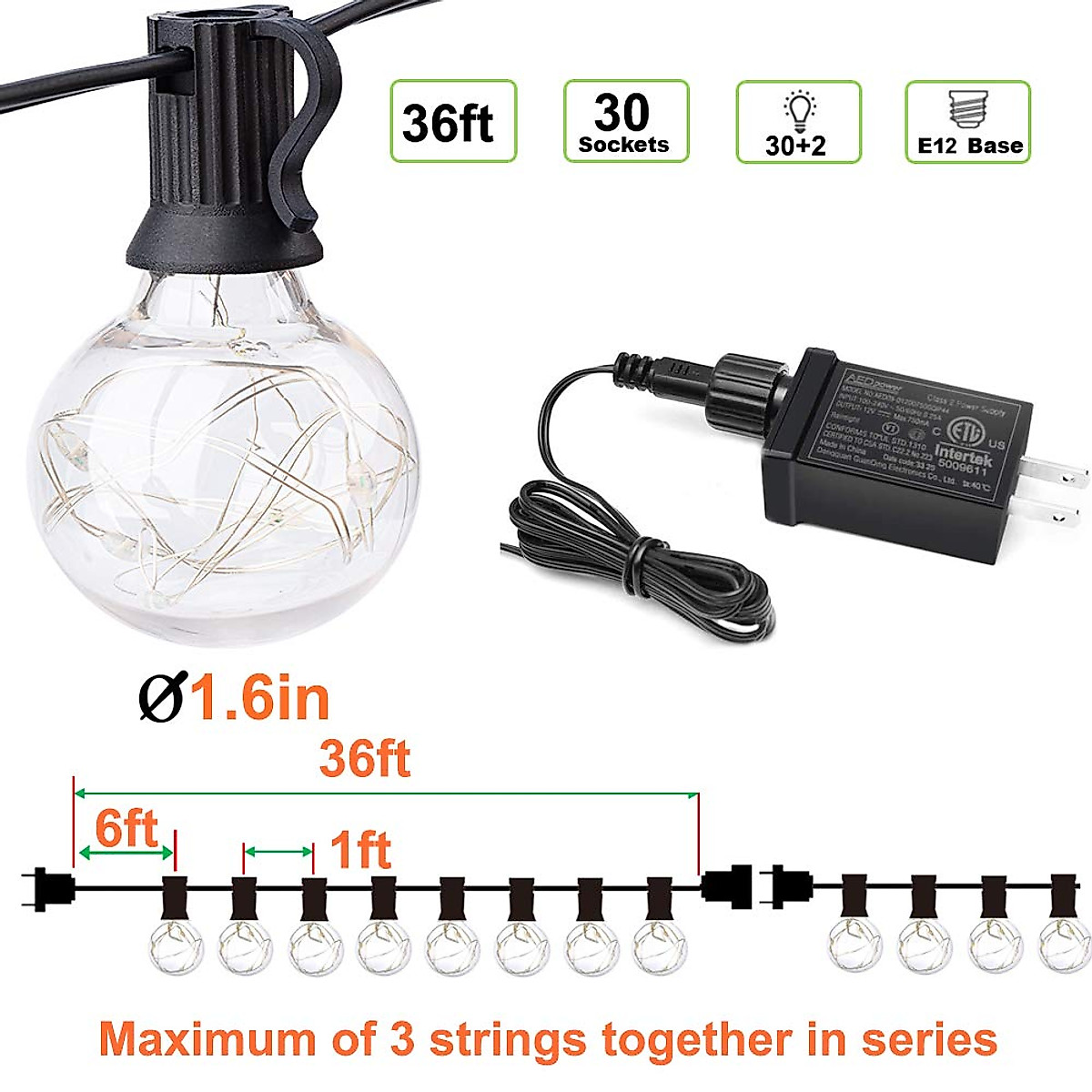 Newpow Outdoor String Lights LED 36ft with 33 Globe Bulbs Shatterproof Waterproof for Backyard Gazebo Porch Camper Indoor/Outdoor Decoration and Lighting Warm White 2700K