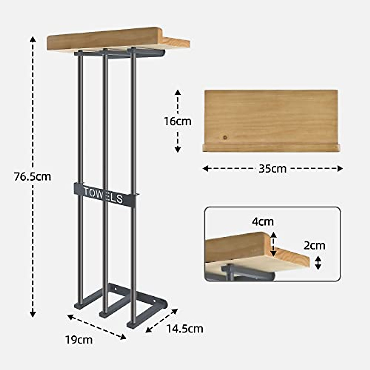 HTCBF Wall Towel Rack for Rolled Towels with Shelf,Upgrade 3 Bar Towel Racks for Bathroom Wall Mounted,Metal Towel Holders with Wooden Shelf,Bath Towel Holder for Folded Large Towel Washcloths