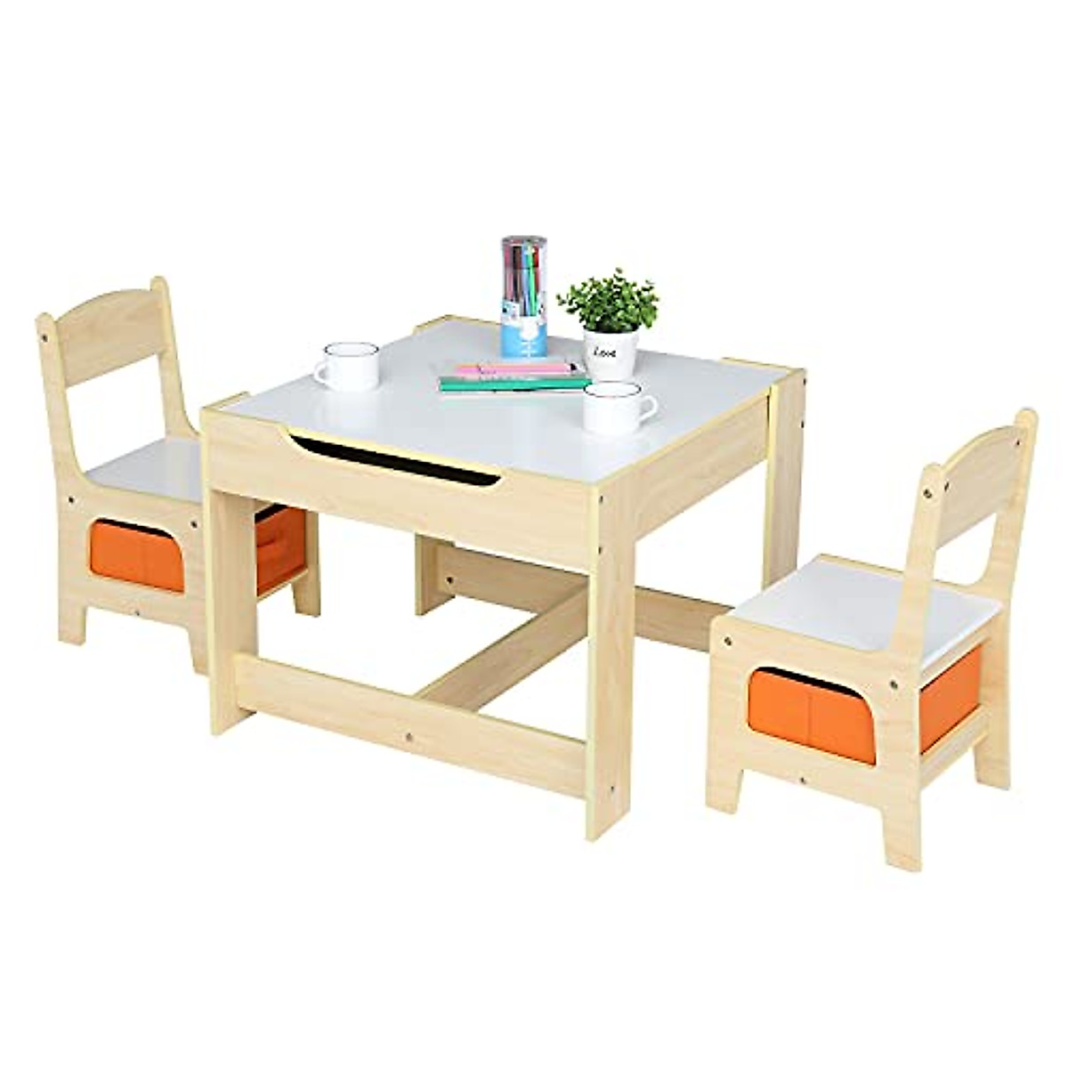 TROOPVILLE Kids Table and Chair Set 3 in 1 Wooden Toddler Table and Chair Set Toddler Activity Table Children's Wooden Table and Chair Set with Two Storage Bags 1 Table and 2 Chairs (Wood)