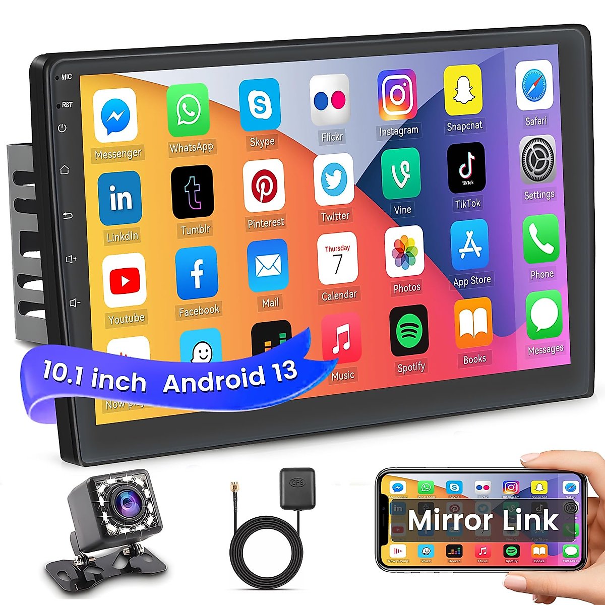 Hikity 10.1 Inch Android Car Stereo Touch Screen Double Din Car Radio WiFi Bluetooth GPS Navigation FM Radio Support Mirror Link for Android/iOS Phone, with 12 Led Lights HD Rear View Camera
