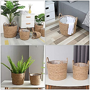 Cabilock Seagrass Plant Basket Hand Woven Belly Basket Bin Straw Beach Bag Panier with Handles for Laundry Picnic Plant Pot Cover Flower Home Toys Decor 25CM Khaki