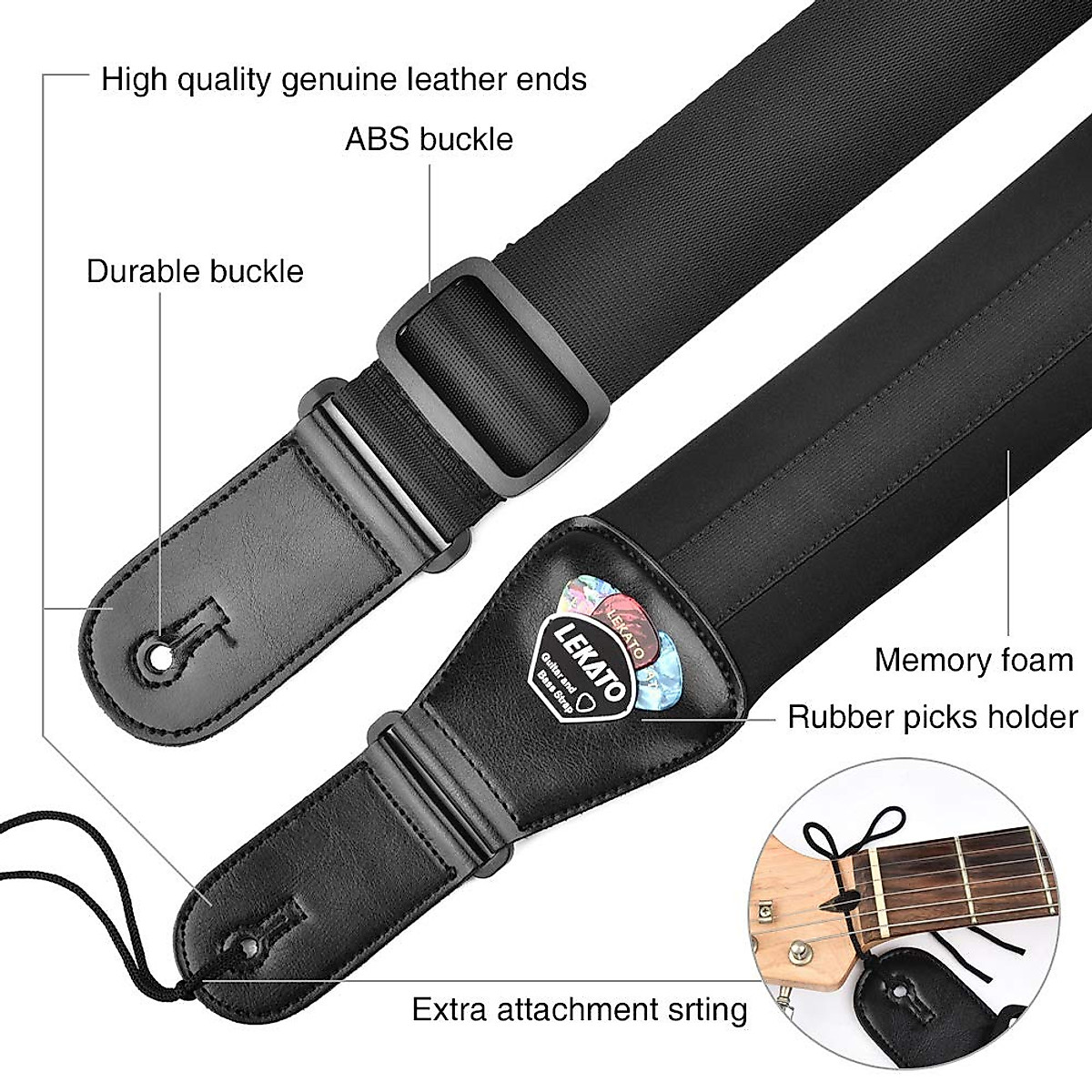 LEKATO Bass Guitar Straps for Electric Guitar & Bass 3" Wide Bass Strap Padded Guitar Straps Adjustable Length from 45" to 55" Bass Guitar Strap with Pick Holder 2 Safety Strap Locks & 6 Picks