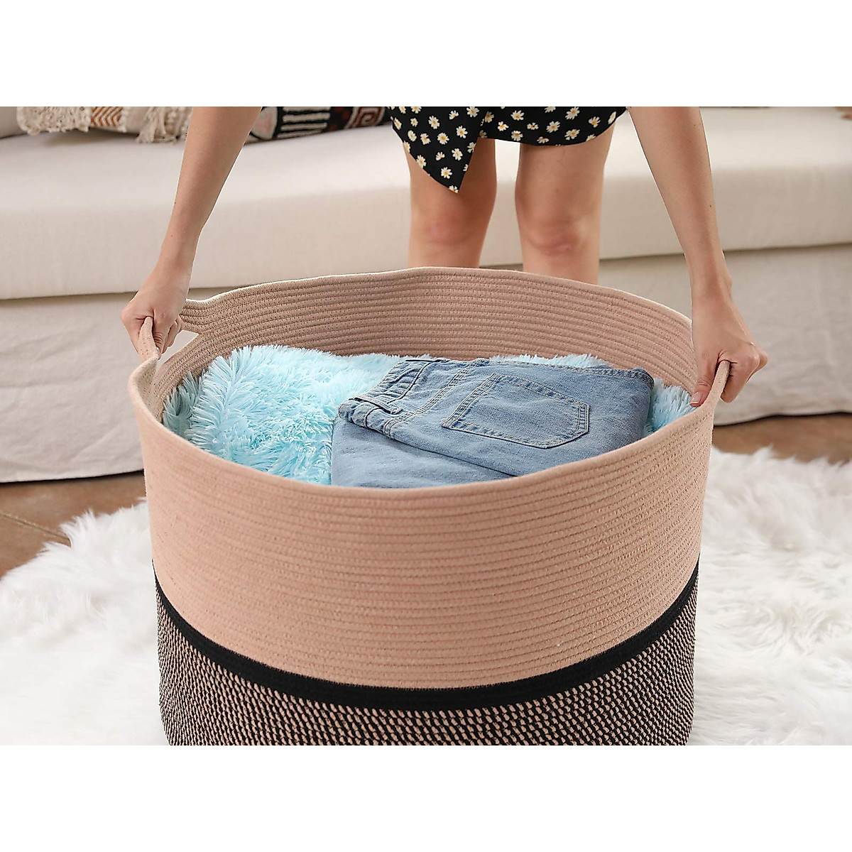 24" x 24" x 17" Max Size Large Cotton Rope Basket, Extra Large Storage Basket, Woven Laundry Hamper, Cloth Storage Bin, for Blankets Clothes Towels Pillows in Living Room, Beige Red/Black Mix