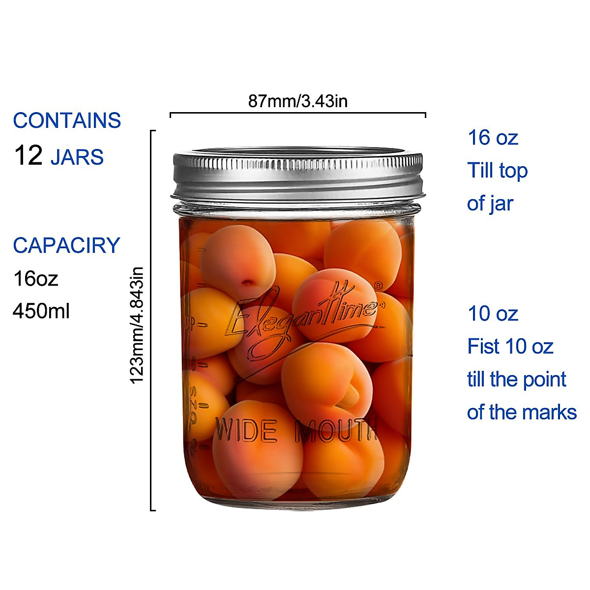 eleganttime Wide Mouth Mason Jars 16 oz,12 Pack Canning Jars with Lids,Airtight Container Glass Jars for Candles,Home Decor,Overnight Oats,Fruit Preserves,Jam or Jelly