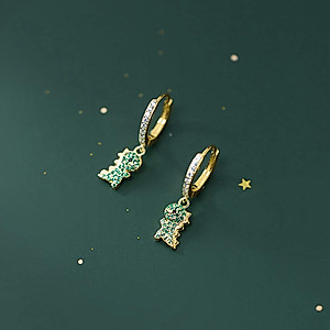 Cute Dinosaur Dangle Hoop Earrings S925 Sterling Silver Green Cubic Zirconia Animal Dangling Charm Drop Huggie Hoops Studs Earring Jewelry Gifts for Women (Yellow Gold)