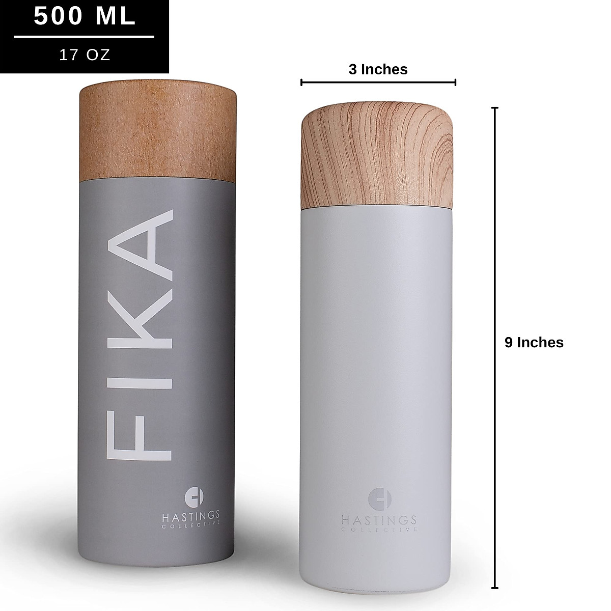 HASTINGS COLLECTIVE FIKA Slim Coffee Travel Mug Tumbler - Stainless Steel Vacuum Insulated Thermos Cup with Spill Proof Lid, 17oz (500ml) (Gray)