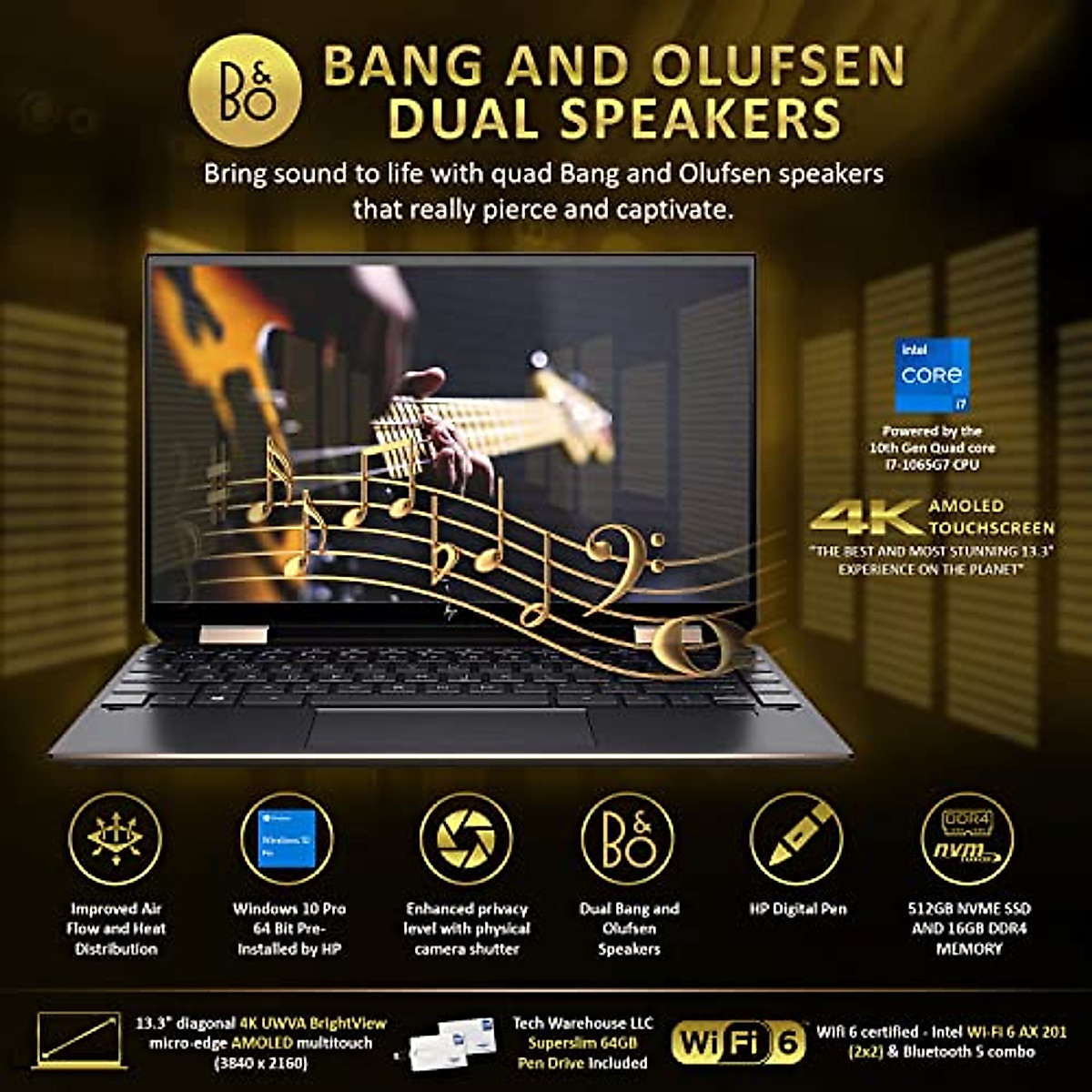HP Spectre 13T 4K OLED x360 Laptop 10th Gen i7-1065G7 GPU, 512 GB NVMe SSD, 16GB DDR4 RAM, Win 10 Pro, Pen, 13.3" UHD Touch Pen, B&O Speakers, 64GB Tech Warehouse Flash Drive