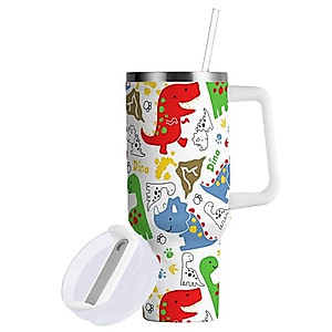 MCHIVER Cute Dinosaurs Cartoon 30 oz Tumbler with Handle and Straw Stainless Steel Vacuum Water Bottle Leak-proof Travel Coffee Mug Thermos Water Bottle for Hot Cold Beverages