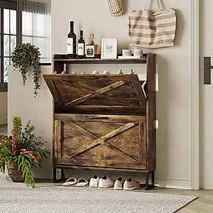 Maupvit Narrow Shoe Cabinet with 2 Flip Drawers, Shoe Storage Cabinet for Entryway, Hidden Shoe Storage Slim Storage Cabinet with Metal Legs, Farmhouse Free Standing Shoe Rack Cabinet