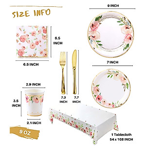 Floral Paper Plates and Napkins Party Supplies - Serves 16 - Flower Plates Floral Party Cups Knifes Forks Floral Baby Shower Decorations for Girl Pink and Gold Bridal Shower Tea Party Birthday