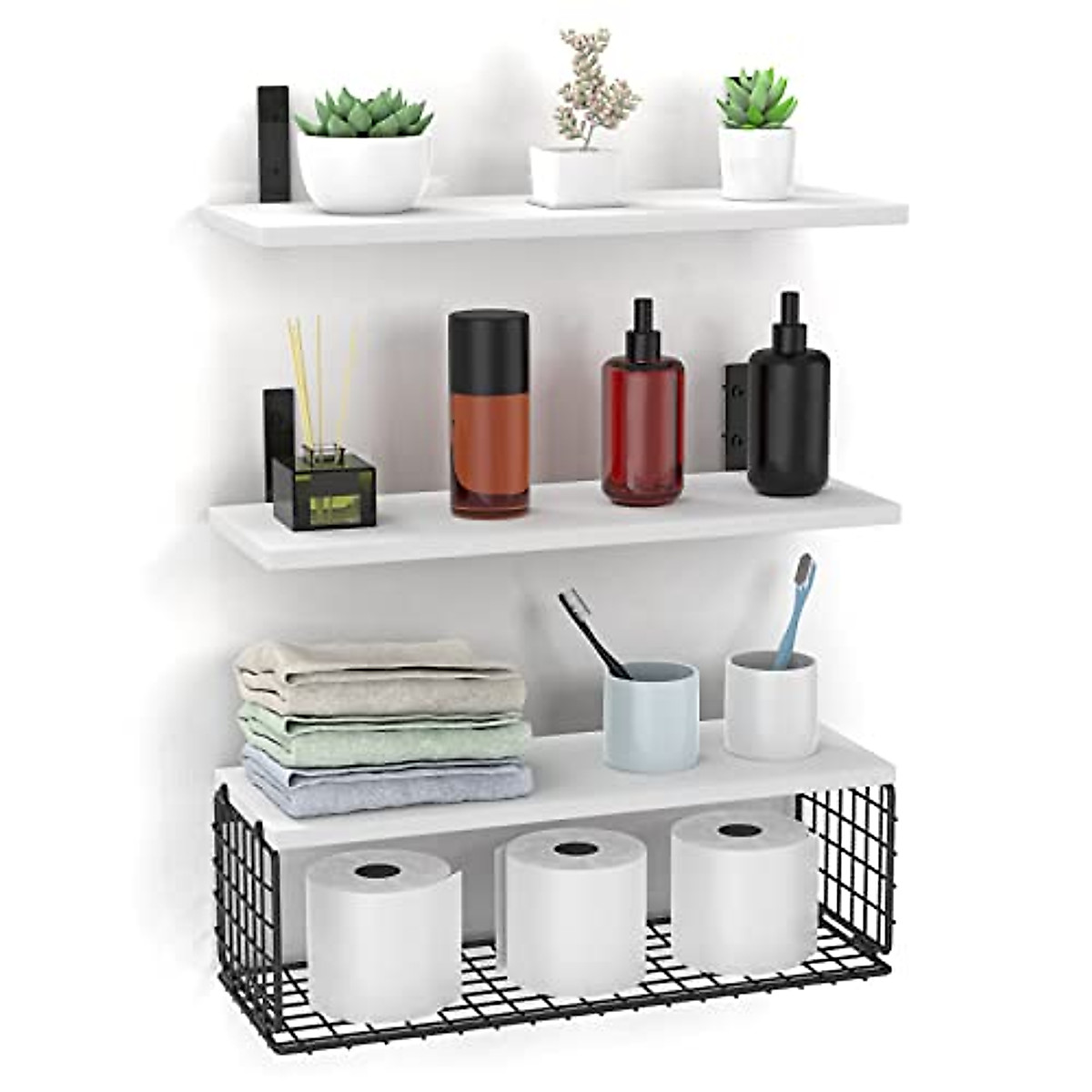 BORISI Floating Shelves Wall Mounted, Wood Bathroom Shelves Over Toilet with Paper Storage Basket, Rustic Farmhouse Wall Shelves for Wall Decor, Bedroom, Living Room, Kitchen,Pantry