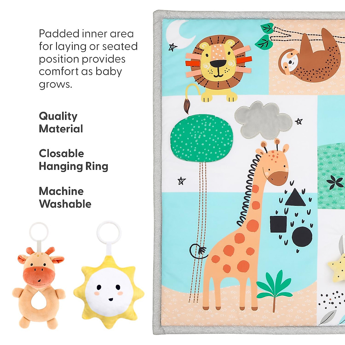 The Peanutshell Unisex Baby Play Gym & 7-in-1 Play Mat - Playmat Baby Toys 0-6, 6-12 Months Tummy Time Mat with Hanging Toys, Soft Padded Mat for Newborns, Infants - Safari