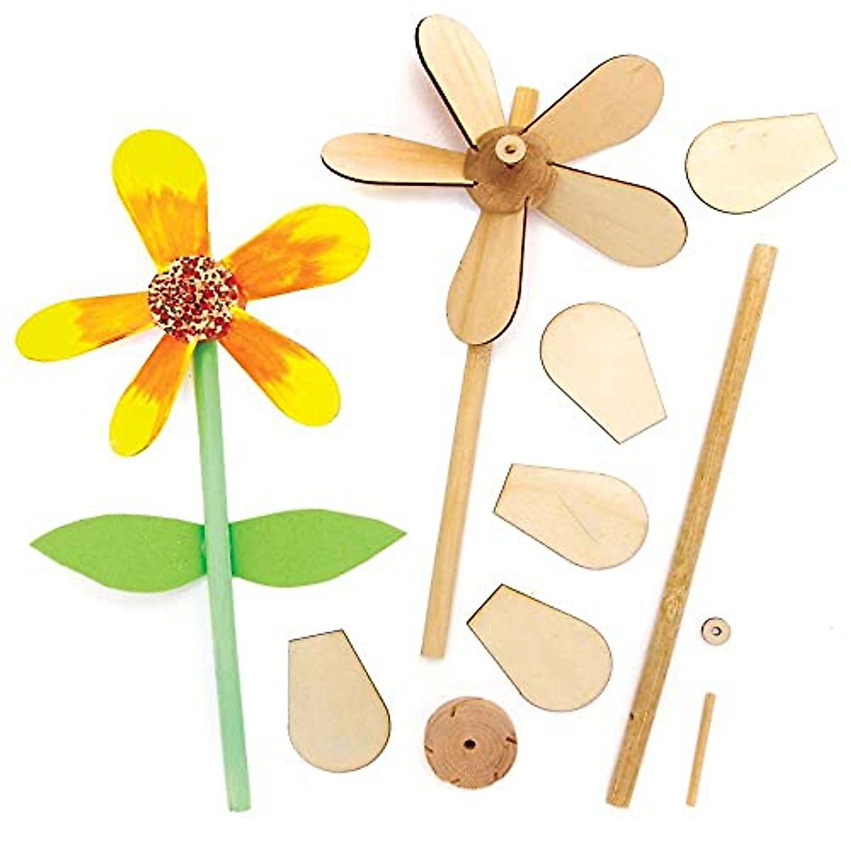 Baker Ross FE575 Flower Wooden Windmill Kits - Pack of 5, for Kids Arts and Crafts Projects, Wooden Crafts for Children to Decorate, Personalize and Display