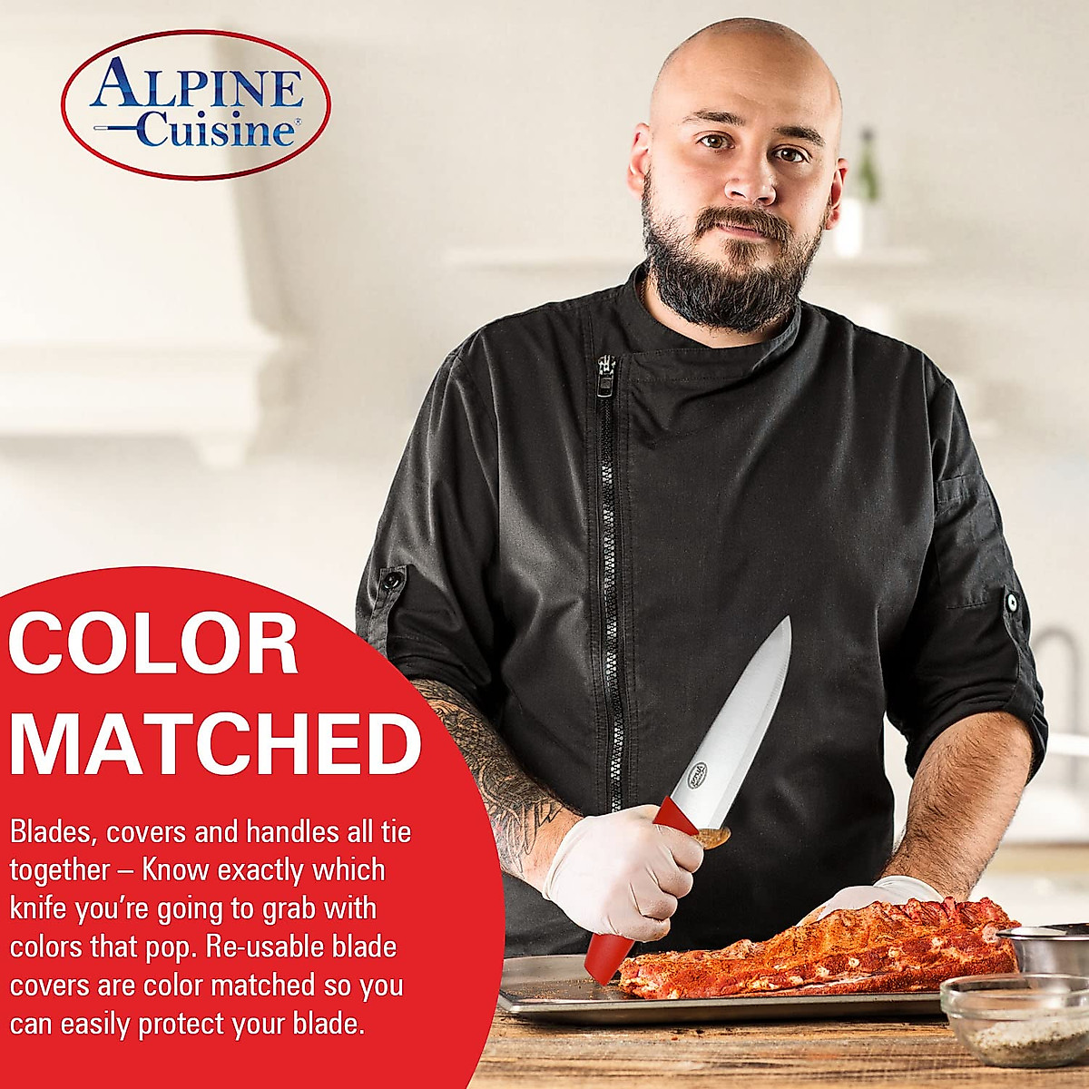 Alpine Cuisine Cutlery Stainless Steel Knife Set 7pc with Color Handle & Sheath, Ultra Sharp Kitchen Knife Set, Ergonomic Multi-Color Plastic Handle, Superb Edge Retention, Knife Set for Kitchen