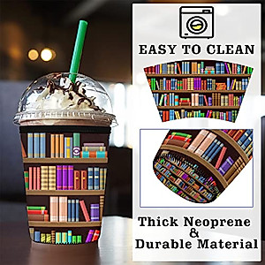Iced Coffee Sleeve Colorful Bookshelf, Rainbow Book Library Reusable Neoprene Insulated Sleeves Cup Cover Holder for Cold Drinks Beverages 22oz - 24oz