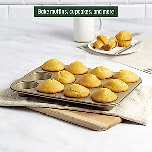 Goodful Nonstick Muffin Pan Set, Heavy Duty Carbon Steel with Quick Release Coating, Made without PFOA, Dishwasher Safe, 2-Pack Bakeware Set, 12-Cup, Champagne Gold