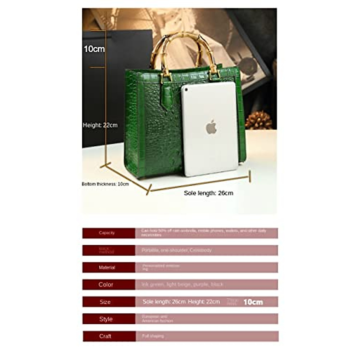 DDQYYSPP Crocodile Pattern Leather Women's Bag Bamboo Top-Handle Satchel Handbags Portable Tote Bag Shoulder Messenger Bags