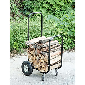Gardenised Black Firewood Rack Outdoor Indoor, Heavy Duty Firewood Carrier with Front Wheels Wood Fireplace Tool Rack, Rolling Storage Cart Cover Included