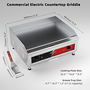CROSSON 24"*16" Commercial Electric Countertop Griddle,Flat Top Heavy Duty Griddles with Non-Stick 2/5" Thick Iron Cooking Plate for Restaurant use-120V/3500W,Spatula Bonuses