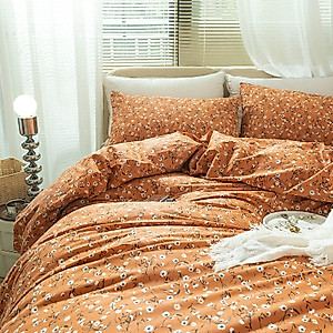 LifeTB Garden Style Orange Floral Duvet Cover King Boho Flower Botanical Bedding Sets Burnt Orange Pumpkin Color Comforter Cover 100% Cotton Floral Bedding Sets 1 King Duvet Cover with 2 Pillowcases