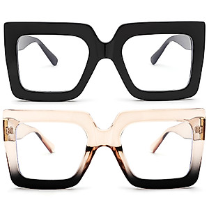 gentlemaker Oversized Blue Light Glasses for Women - Fashion Square Big Frame Non-Prescription Clear Eyewear(Black+Champagne Black)