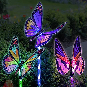Exhart Garden Solar Lights, Set of 3 Fiber Optic Butterfly Garden Stakes, Color Changing LED, Outdoor Garden Decoration, 5 x 30 Inch