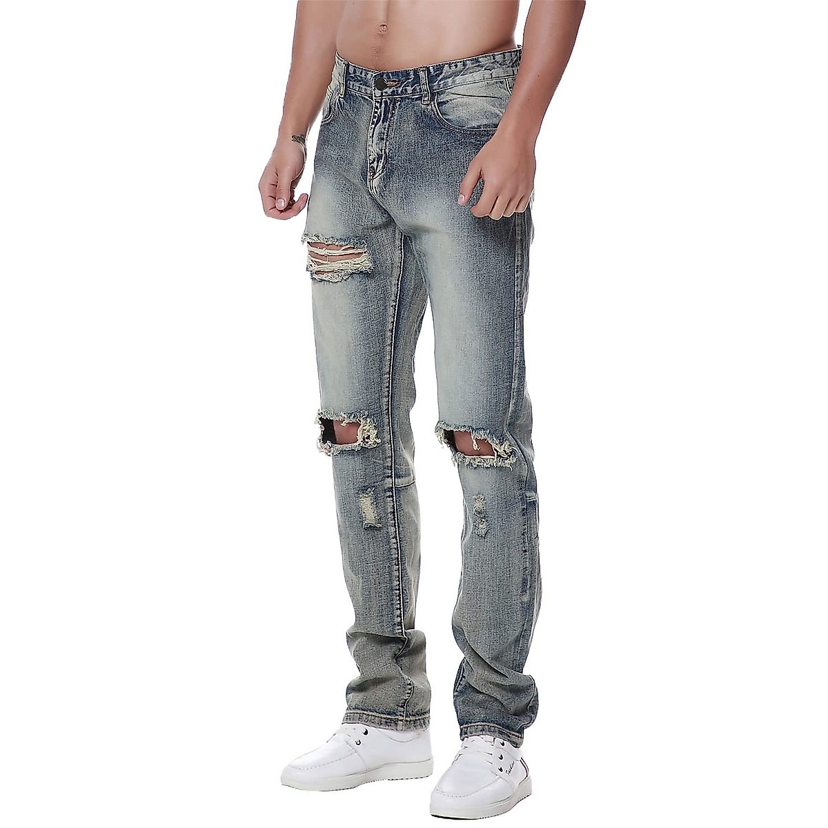 Previn Men's Ripped Denim Jeans Distressed Slim Trousers Destroy Holes Stretch Biker Pants Style1 40W x 32L