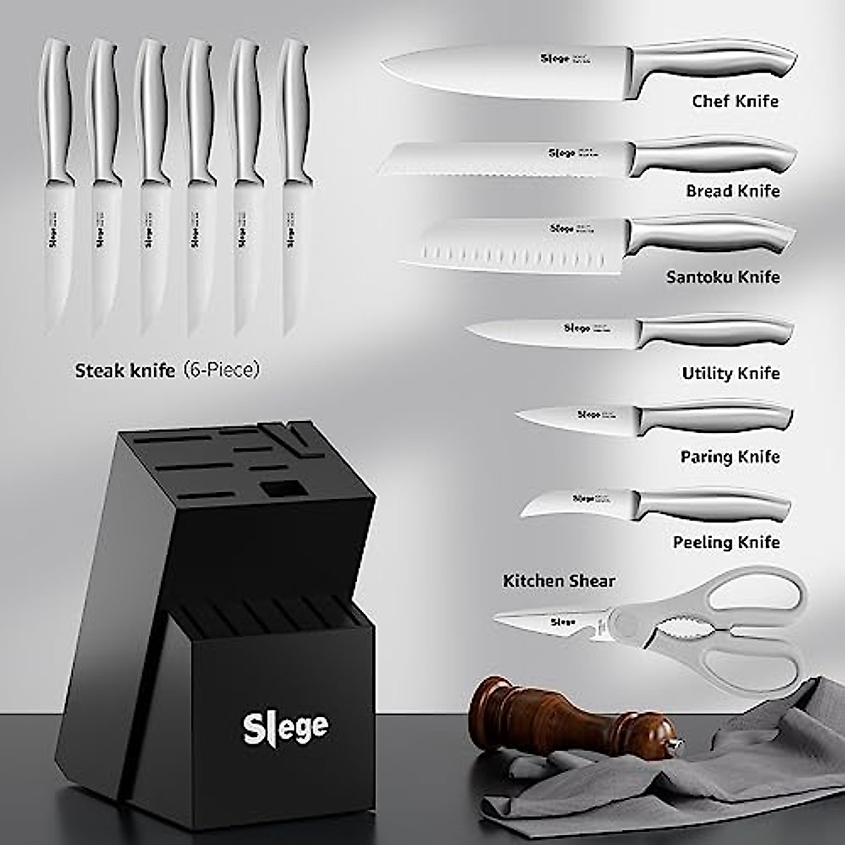 Slege 15pcs Kitchen Knife Set with Built-in Sharpener, One-Piece Design, Stainless Steel Kitchen Knives - Frosted Silver