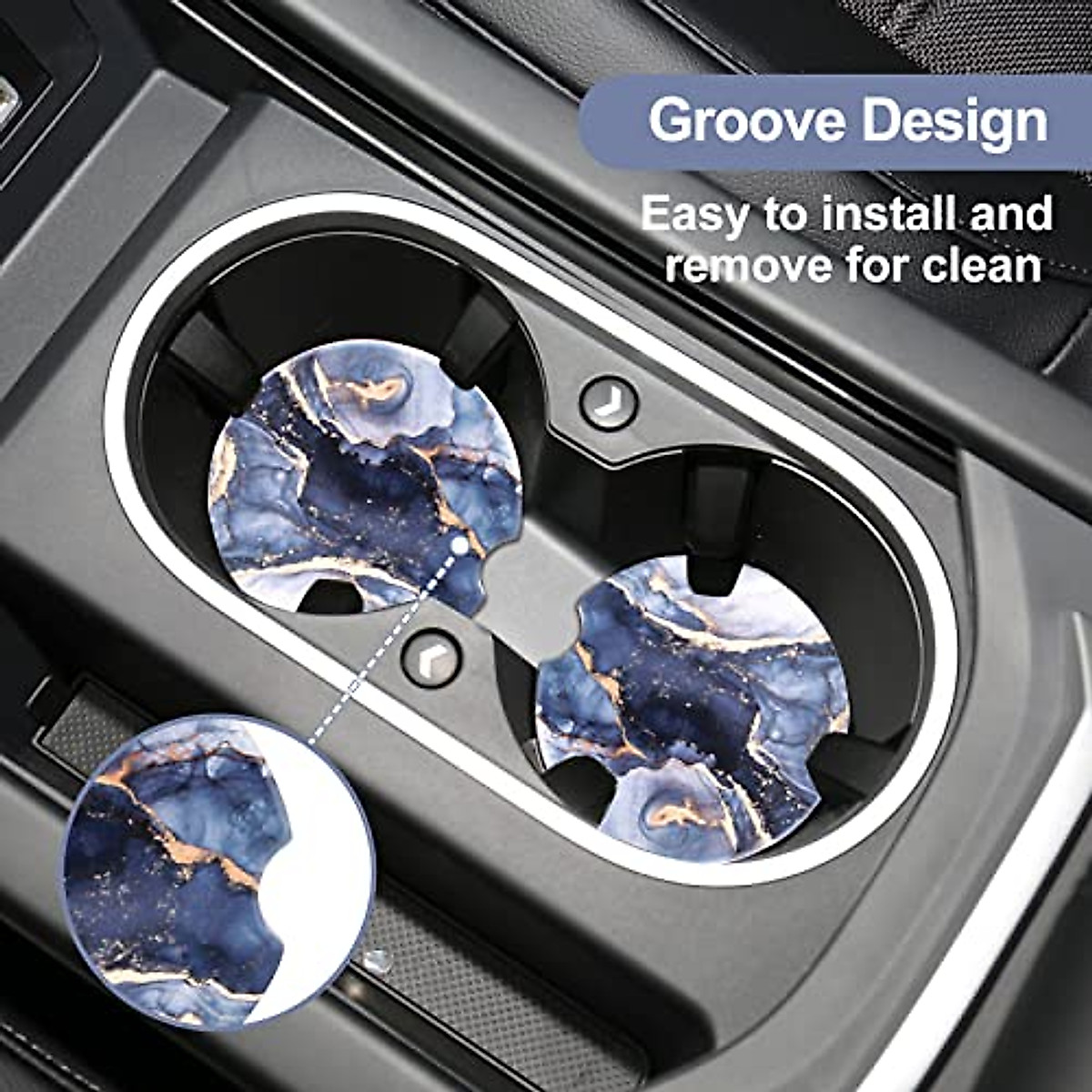 Dksyee Car Cup Holder Coasters 2 Pack Blue Cute Car Coasters for Women & Men Absorbent Ceramic Car Coasters with A Finger Notch for Easy Removal Universal Auto Anti Slip Insert Drink Coaster