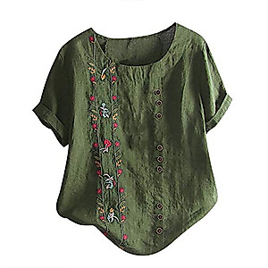Women Tops Short Sleeve Plus Size Tops for Women Dressy 3/4 Sleeve Womens Smocked Cuffs Shirts Split V Neck Tunic Tops to Wear with Leggings Army Green