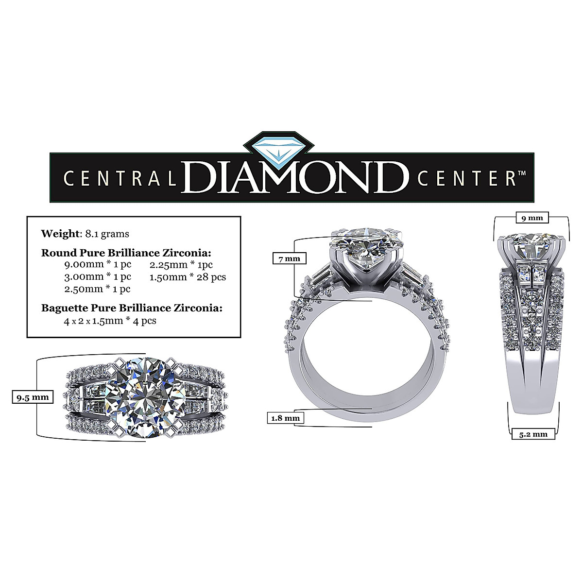 Central Diamond Center Sterling Silver Round & Baguette Engagement Ring with a 9.00mm - 3.00ct Round Center Stone - Size 4.5
