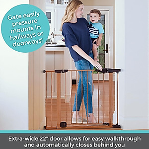 Toddleroo by North States Woodcraft Steel Baby Gate: Self-Closing Child Gate with Hold-Open Feature. Pressure Mounted Baby Gate with Door, Fits Openings 29.75” to 40.5” Wide. (30" Tall, Brown)