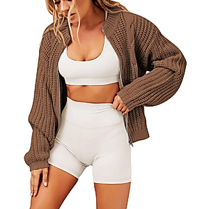 Women's 2023 Fall Casual Crop Cardigan Long Sleeve Full Zipper Chunky Knit Cardigans Sweaters Jacket Coat Chestnut M