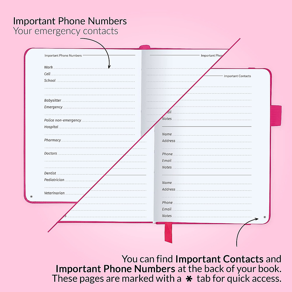 GoGirl Address Book – Telephone and Address Book with Alphabetic Tabs for Safely Storing Contacts, Small-Sized (4.0″ x 5.5″) PU Leather Hardcover – Hot Pink
