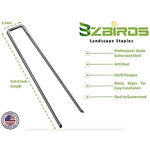BzBirds USA Made 6 inch 11 Gauge Garden Landscape Staples Galvanized SOD Pins Lawn Stakes for Weed Barrier Fabric, Ground Cover, Holding Fence and Artificial Turf