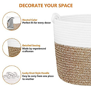 Polarduck Woven Cotton Rope Basket: 12"x 12"x 12" Baby Laundry Basket with Lucky Knots Handle for Blanket, Toy, Nursery Hamper Bin Organizer | Natural White & Jute - Medium