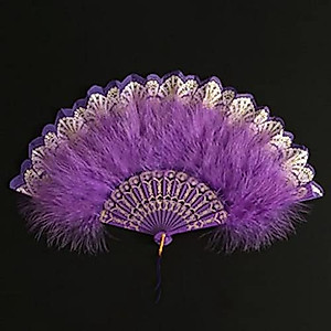 Feather Folding Fan,Vintage Elegant Gothic Court Dance Hand Fan with Pendant Dance Performance Feather Fan for Wedding Party Decoration(Purple)
